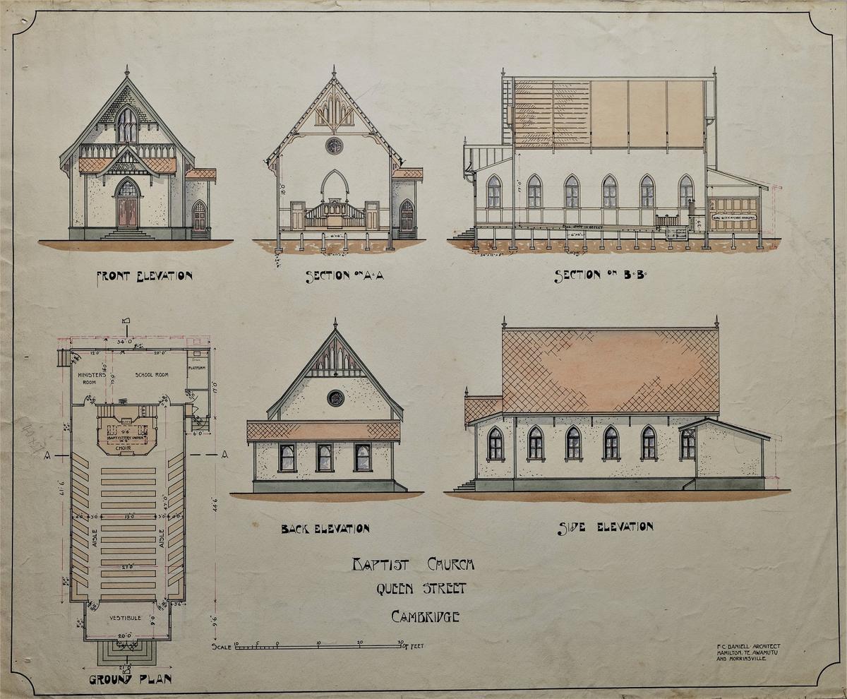 Architectural plans - Baptist Church, Queen St, Cambridge - Waikato Museum